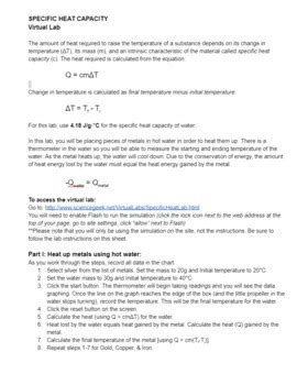Specific Heat Capacity Virtual Lab By The Science Mouse TpT
