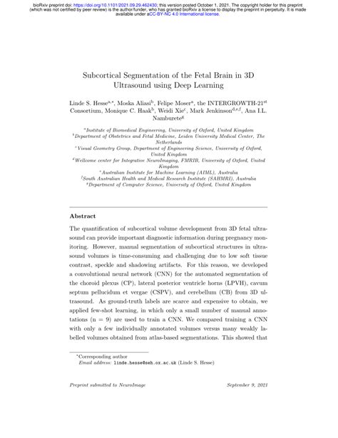 Pdf Subcortical Segmentation Of The Fetal Brain In 3d Ultrasound Using Deep Learning