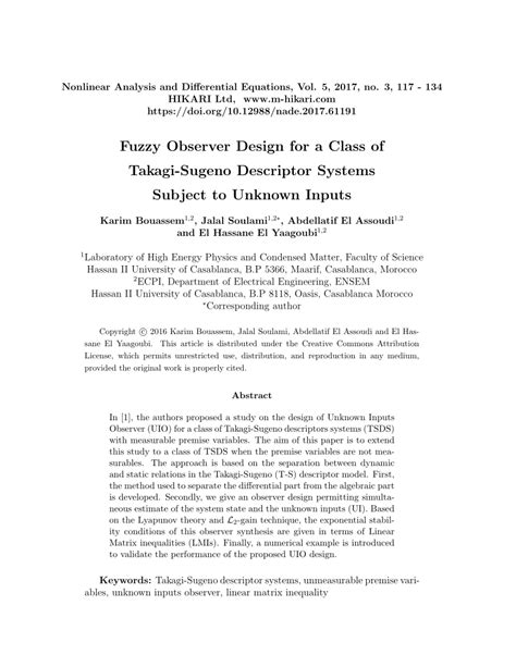 Pdf Fuzzy Observer Design For A Class Of Takagi Sugeno Descriptor Systems Subject To Unknown