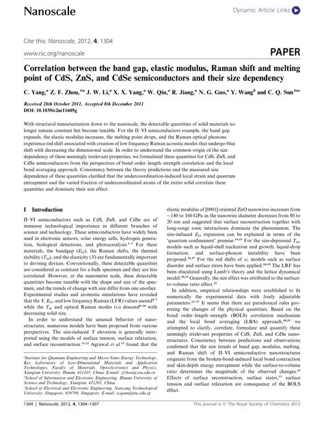 Pdf Correlation Between The Band Gap Elastic Modulus Raman Shift And Melting Point Of Cds