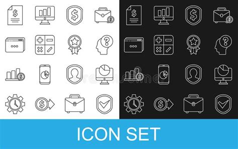 Set Line Shield With Check Mark Computer Monitor Graph Chart Human Head Question Dollar