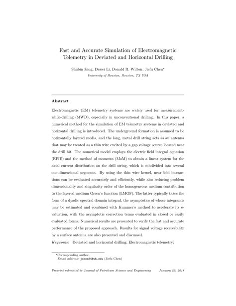 Pdf Fast And Accurate Simulation Of Electromagnetic Telemetry In Deviated And Horizontal Drilling