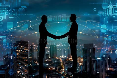Digital Cityscape With Global Network Connection And Silhouetted Businessmen Handshake Stock