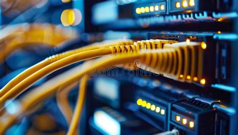 Yellow Network Cables Connected To Server Boxes In An Office Information Technology Computer