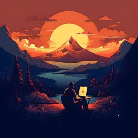 Premium Photo Ai Generated Illustration Of A Man Working On A Computer With A Hilly Landscape