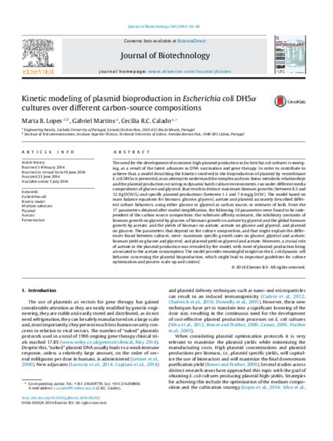 Pdf Kinetic Modeling Of Plasmid Bioproduction In Escherichia Coli Dh5α Cultures Over Different