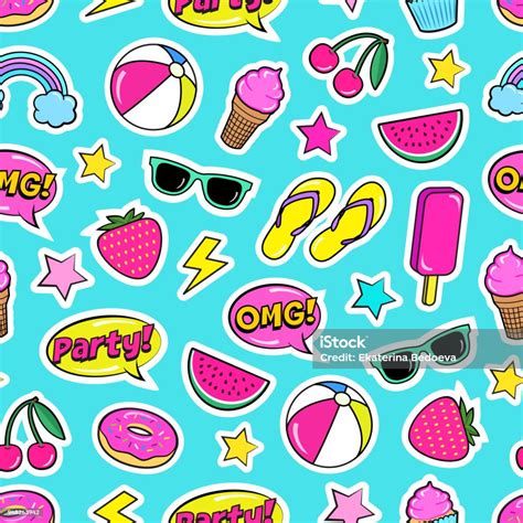 귀여운 여름 패션 패치 완벽 한 화려한 패턴 딸기 슬리퍼 공 아이스크림 도넛 수 박 체리 컵 케 익 연설 거품 등 도넛에 대한 스톡 벡터 아트 및 기타 이미지 Istock