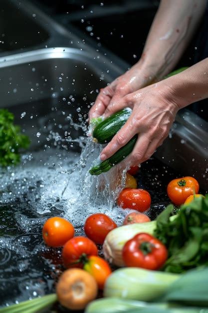 Premium Photo Hands Wash Vegetables Splashing Water Generative Ai