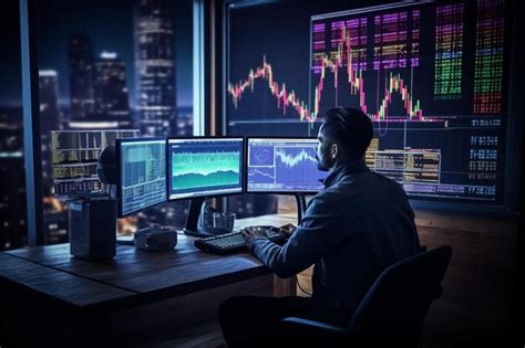 A Man Sits At A Desk In Front Of A Computer With A Graph Showing The