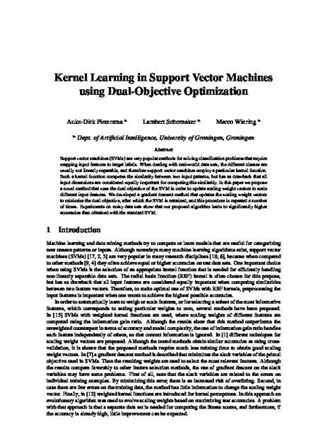 Report Pdf Kernel Learning In Support Vector Machines Using Dual Objective Optimization
