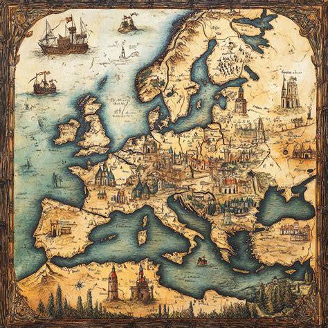 A Medieval Map Of Europe With Important Cities And Landmarks Premium