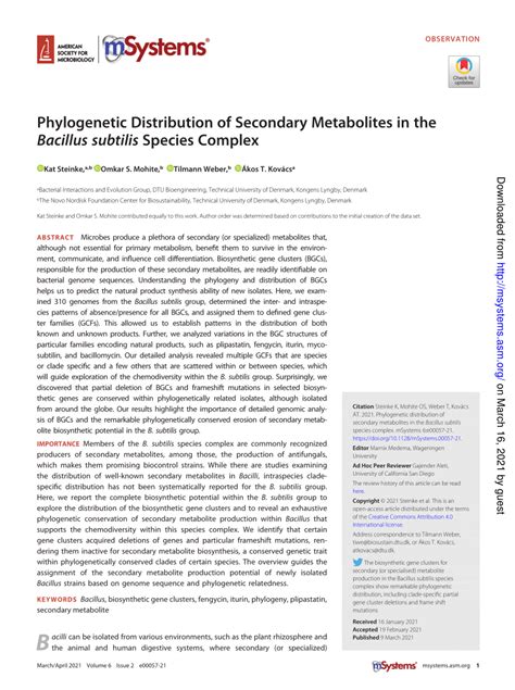 Pdf Phylogenetic Distribution Of Secondary Metabolites In The Bacillus Subtilis Species Complex