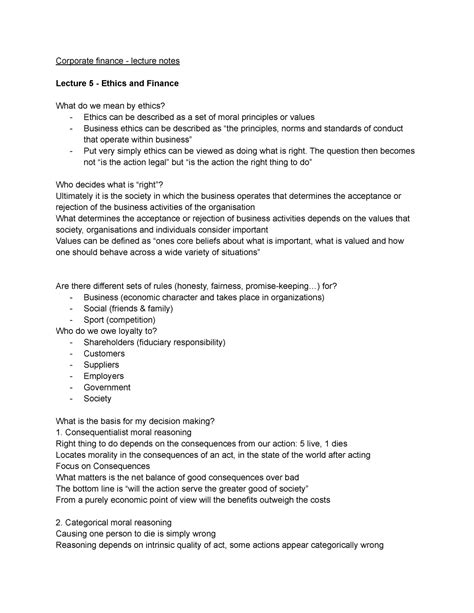 Corporate Finance Lecture Notes Corporate Finance Lecture Notes Lecture 5 Ethics And