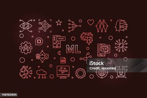 Ml 개념 수평 벡터 컬러 라인 배너입니다 기계 학습 크리에이티브 일러스트레이션 개념에 대한 스톡 벡터 아트 및 기타 이미지