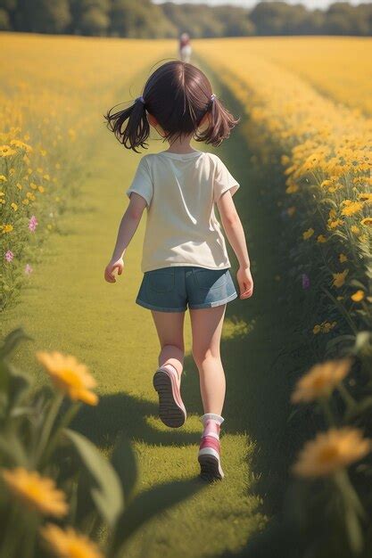 Premium Ai Image A Girl Running Down A Path In A Field Of Flowers