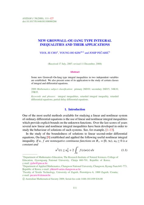 Pdf New Gronwall Ou Iang Type Integral Inequalities And Their Applications