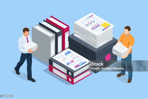 Isometric Stacks Of Paperwork And Files In The Office Bureaucracy