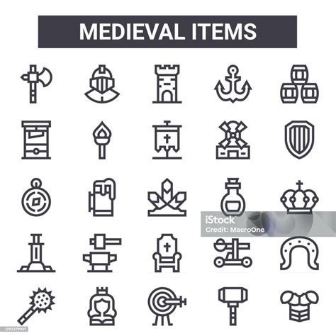 중세 항목 개요 아이콘 세트입니다 도끼 기요틴 비약 투석기 망치 탑 갑옷 깃발과 같은 얇은 선 아이콘이 포함되어 있습니다 보고서 프레젠테이션 다이어그램 웹 및 모바일