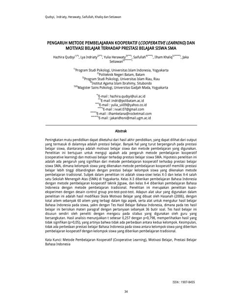 Pdf Pengaruh Metode Pembelajaran Kooperatif Cooperative Learning