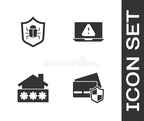 Set Credit Card With Shield System Bug House Password And Laptop Exclamation Mark Icon Vector