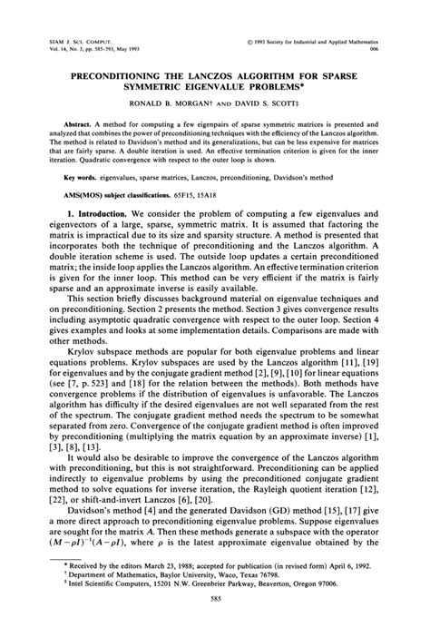 Pdf Preconditioning The Lanczos Algorithm For Sparse Symmetric Eigenvalue Problems