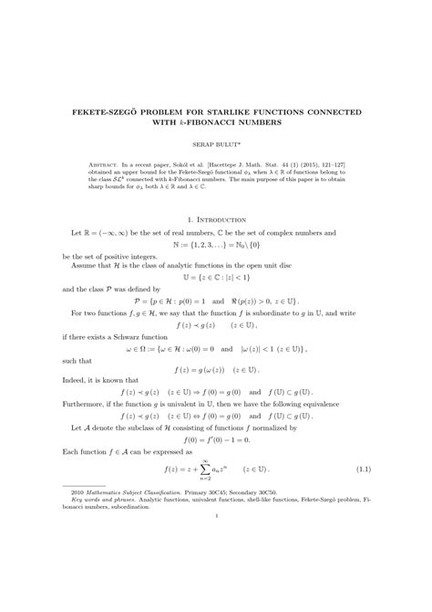 Pdf Fekete Szegö Problem For Starlike Functions Connected With K Fibonacci Numbers