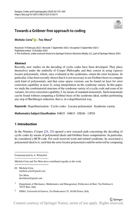 Towards A Gröbner Free Approach To Coding Request Pdf