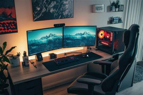 High Tech Dual Monitor Home Office Setup With Ergonomic Chair And