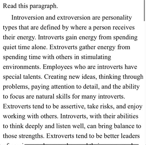 Solved Read This Paragraph Introversion And Extroversion Are Personality Types That Are Define