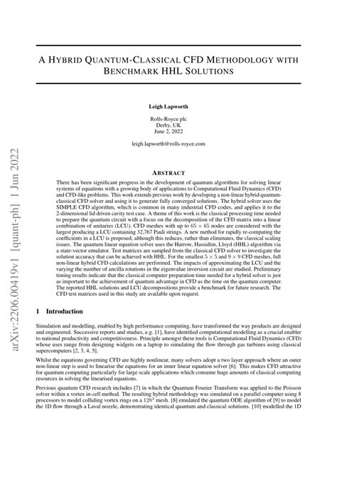 Pdf A Hybrid Quantum Classical Cfd Methodology With Benchmark Hhl Solutions