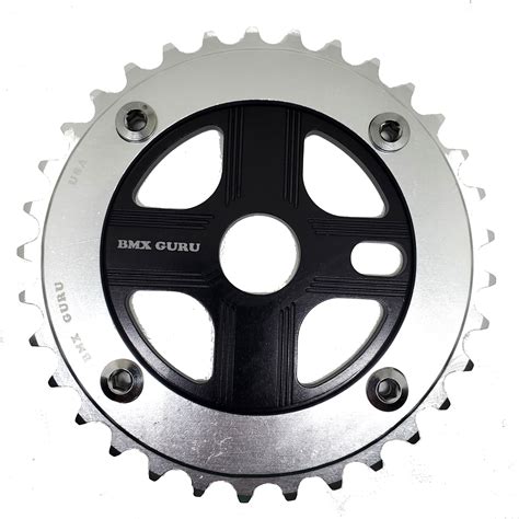 Bmxguru 33t Aluminum Spider And 4 Bolt Chainring Combo Silver Over Bla