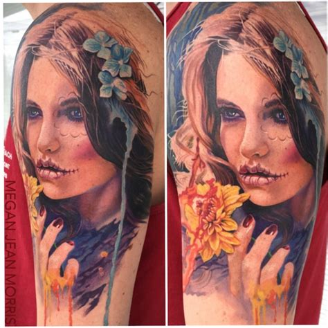Portrait Style Colored Shoulder Tattoo Of Mystical Woman With Flowers Tattooimagesbiz