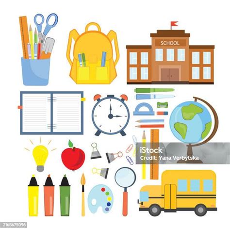 학교 도구 벡터 일러스트 레이 션 학교 공부 교육을 주제로 한 벡터 요소 모음입니다 학생 또는 학생을 위한 학용품 및 액세서리의 평면 세트 0명에 대한 스톡 벡터 아트 및