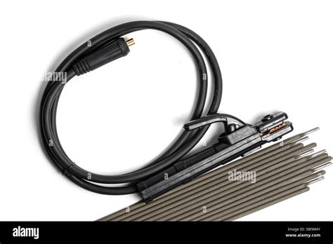 Cable With Welding Electrode Holder And Set Electrodes On White