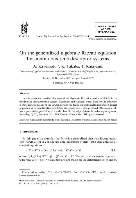 Pdf On The Generalized Algebraic Riccati Equation For Continuous Time