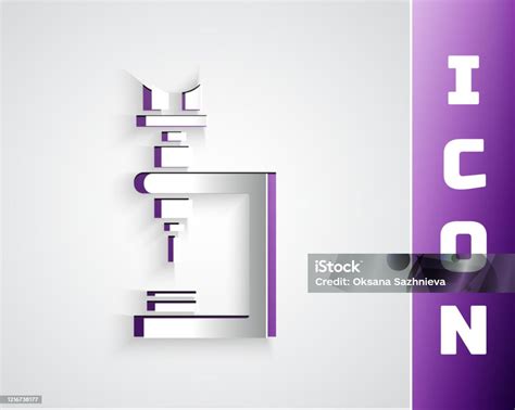 회색 배경에 분리 된 종이 컷 현미경 아이콘 화학 제약 기기 미생물학 확대 도구 종이 아트 스타일입니다 벡터 일러스트레이션 개념에 대한 스톡 벡터 아트 및 기타 이미지