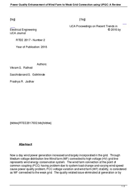 Pdf Power Quality Enhancement Of Wind Farm To Weak Grid Connection Using Upqc A Review