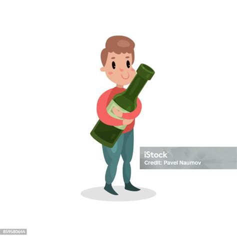 알코올 유해한 습관과 중독 만화 벡터 일러스트 레이 션의 거 대 한 병을 들고 젊은 남자 건강한 생활방식에 대한 스톡 벡터 아트 및 기타 이미지 건강한 생활방식 날씨
