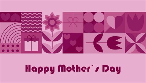 해피 어머니의 날 현대 네오 기하학적 추상 배경벽지 어머니의 날 포스터 바우하우스 미니멀리스트 스타일의 간단한 아이콘 구성 기하학적 모양이 있는 그리드입니다 벡터 일러스트