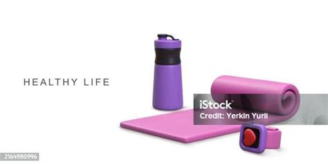 3d 현실적인 피트니스 팔찌 셰이커 물병과 요가 매트 벡터 일러스트 레이 션 3차원 형태에 대한 스톡 벡터 아트 및 기타 이미지 3차원 형태 개념 개체 그룹 Istock