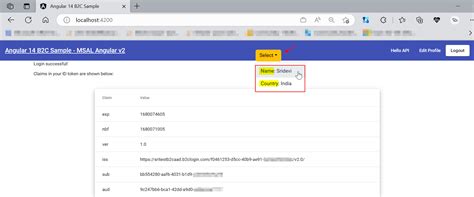 azure ad b2c user details not showing on angular website after