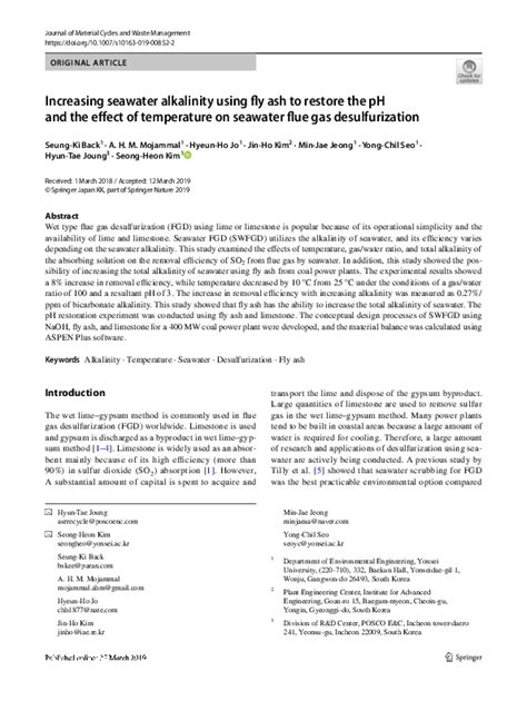 Pdf Increasing Seawater Alkalinity Using Fly Ash To Restore The Ph