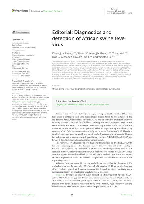 Pdf Editorial Diagnostics And Detection Of African Swine Fever Virus