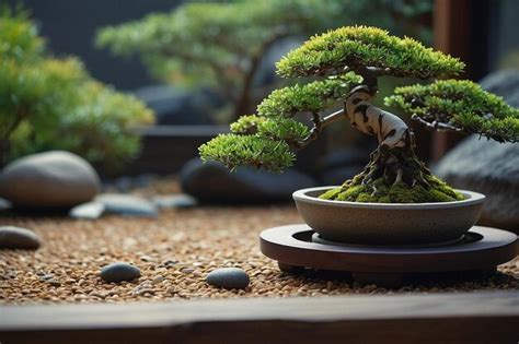 Peaceful Zen Garden With Bonsai Tree Stones Premium Ai Generated Image