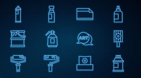 세트 라인 페인트 구 아슈 항아리 염료 스프레이 캔 노즐 캡 종이 접착 스티커 스프레이 건 양동이 텍스트 아트 및 마커 펜 아이콘이있는 말풍선 벡터 Brand Name