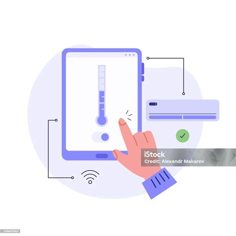 사용자는 아파트에서 Wifi 리모컨으로 에어컨을 제어합니다 에어컨 시스템 분할 시스템 Ac의 개념 평면 만화 디자인의 벡터 일러스트 레이 션 가사 집안일에 대한 스톡 벡터