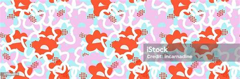 밝은 배경에 빨강 분홍색 파랑의 추상적 인 손으로 그린 꽃과 완벽 한 벡터 꽃 패턴 겹치는 윤곽선과 역동적인 구성이 장난스럽고 현대적이며 스타일리시한 느낌을 연출합니다 0