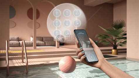 手机应用程序上的智能家居技术接口增强现实物联网带连接对象的客厅室内设计女高清图片下载 正版图片504002476 摄图网