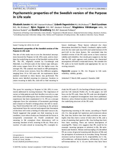 Pdf Psychometric Properties Of The Swedish Version Of The Purpose In