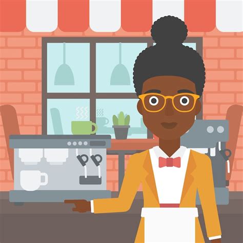 바리 스타 커피 기계 근처에 서입니다 프리미엄 벡터